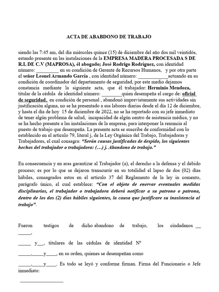 Acta de Abandono Laboral en MAPROSA | PDF | Gobierno