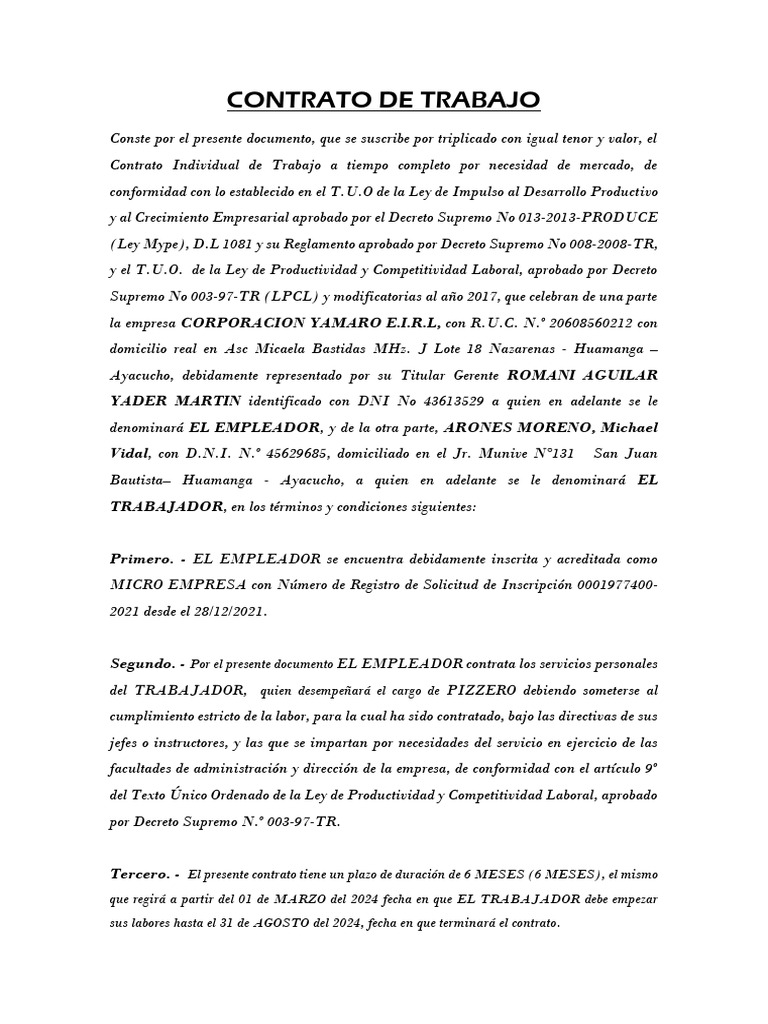 Contrato Michael Vidal | Descargar gratis PDF | Salario | Derecho laboral