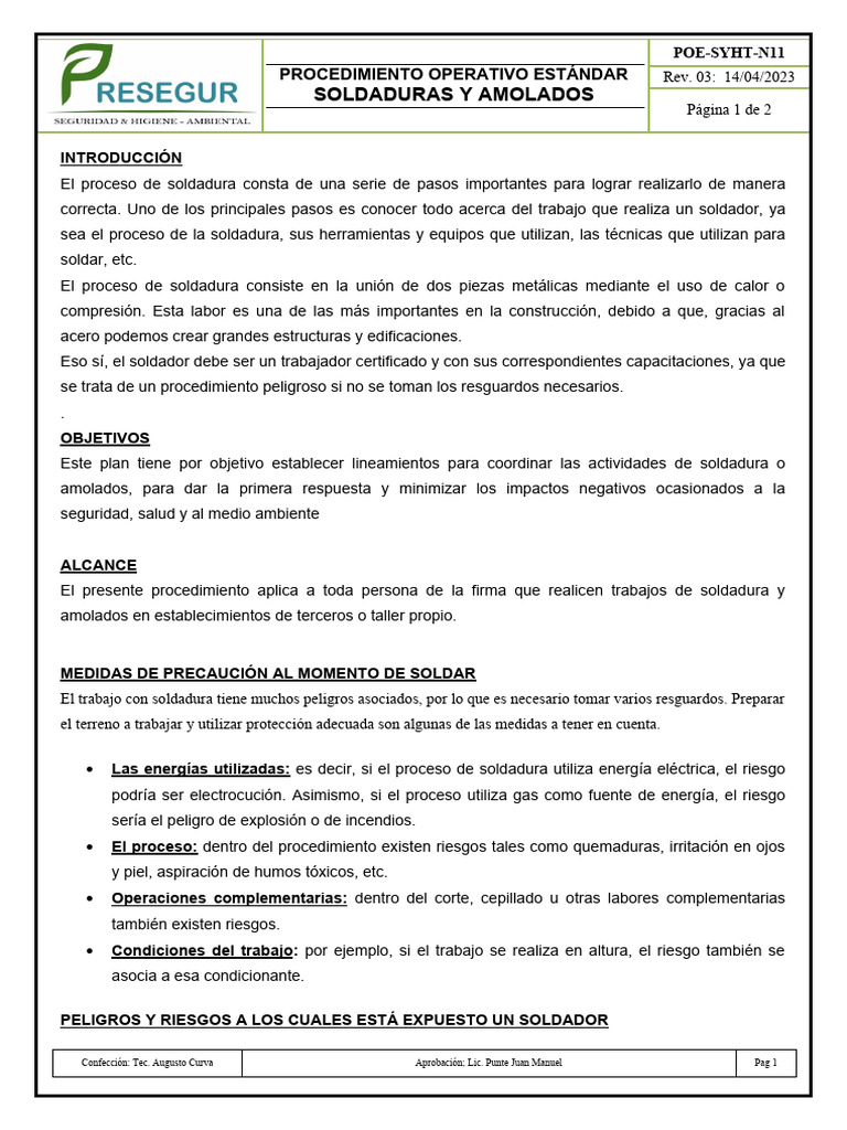Procedimiento para Trabajos de Soldaduras y Amolados | Descargar gratis PDF | Soldadura ...