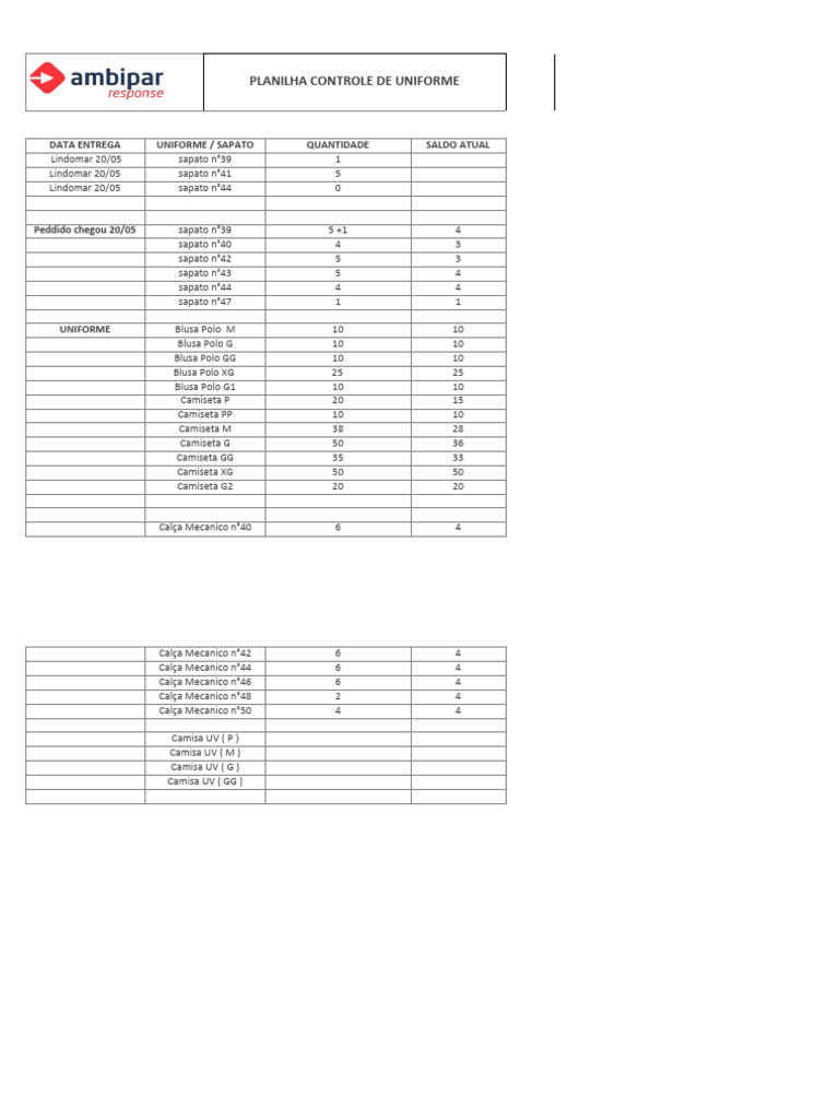 Planilha Controle de Uniforme | PDF
