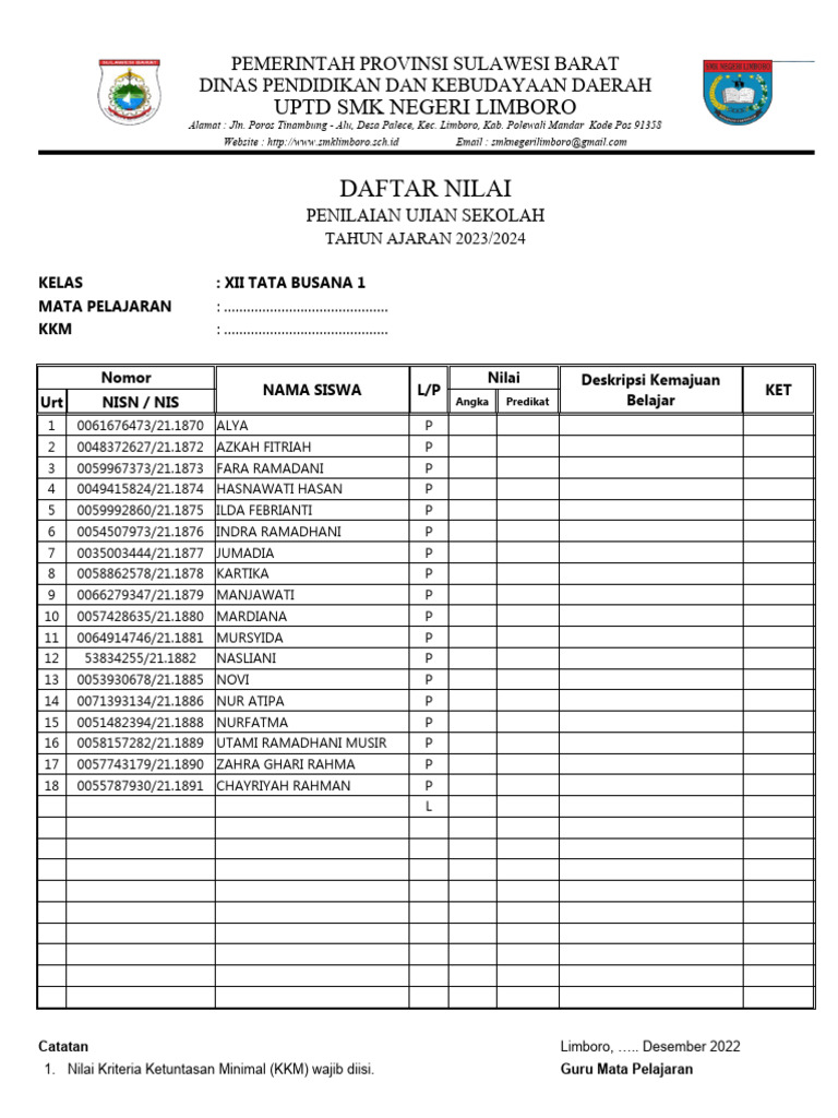 Blanko Daftar Nilai Us | PDF
