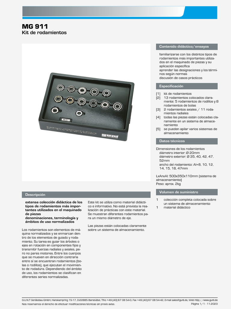 MG 911 Kit de Rodamientos Gunt 971 PDF - 1 - Es ES | PDF | Ingeniería mecánica | Máquinas