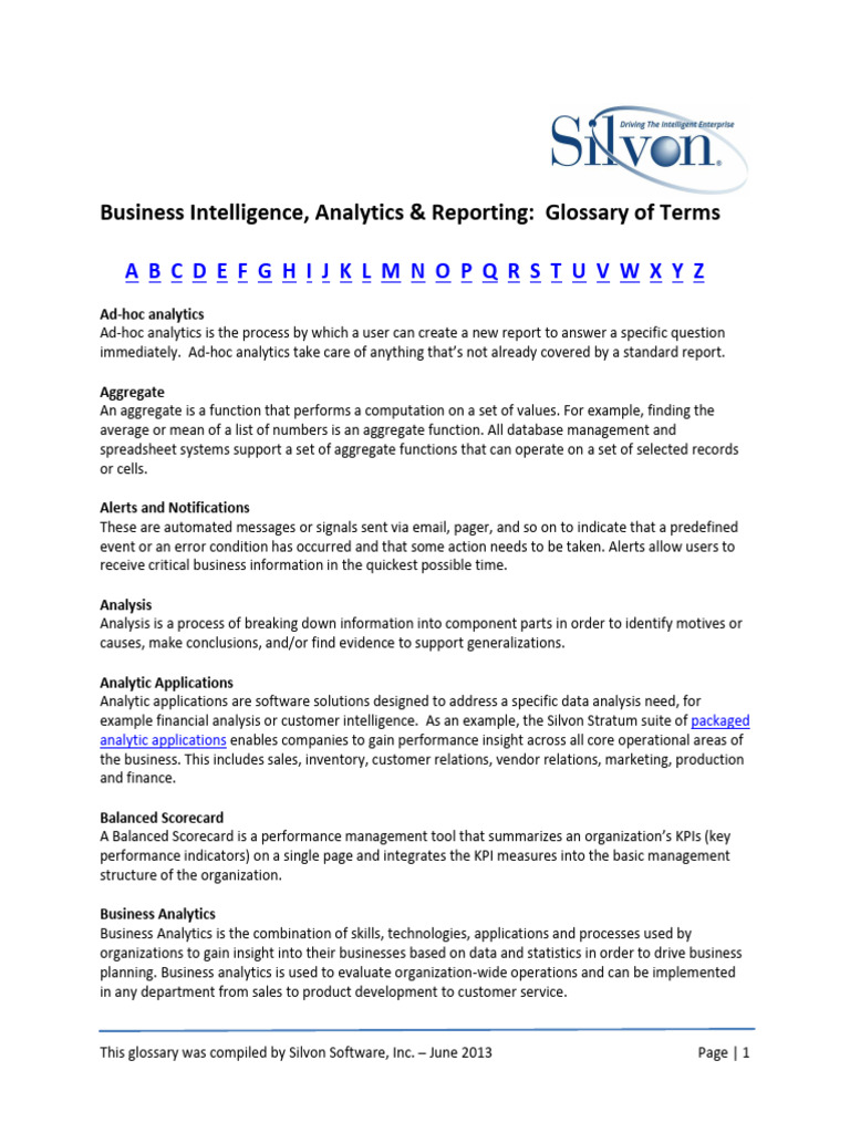 Silvon Software Business Intelligence and Analytics Glossary | PDF | Business Intelligence ...