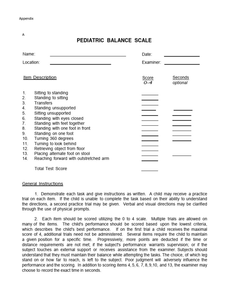 Pediatric Balance Scale | PDF | Chair | Foot