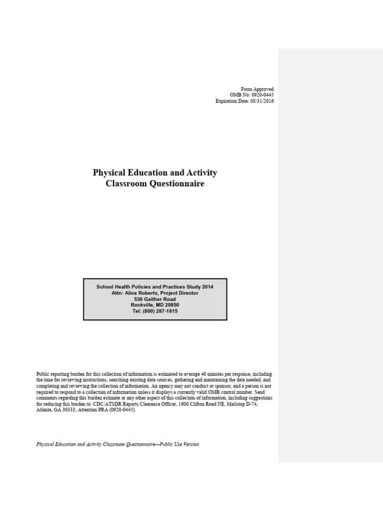 Physical Education Classroom Questionnaire | PDF | Physical Fitness ...