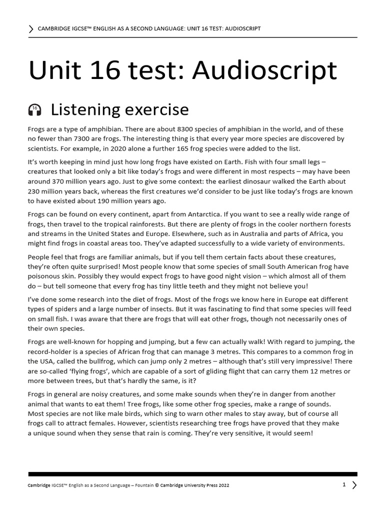 Igcse Esl 6ed Tr Unit16 Test Audioscript Pdf Frog Amphibian