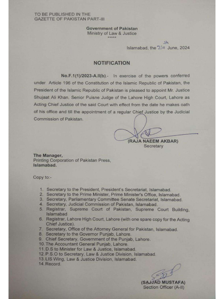 Shujaat Ali Khan Acting Chief Justice | PDF