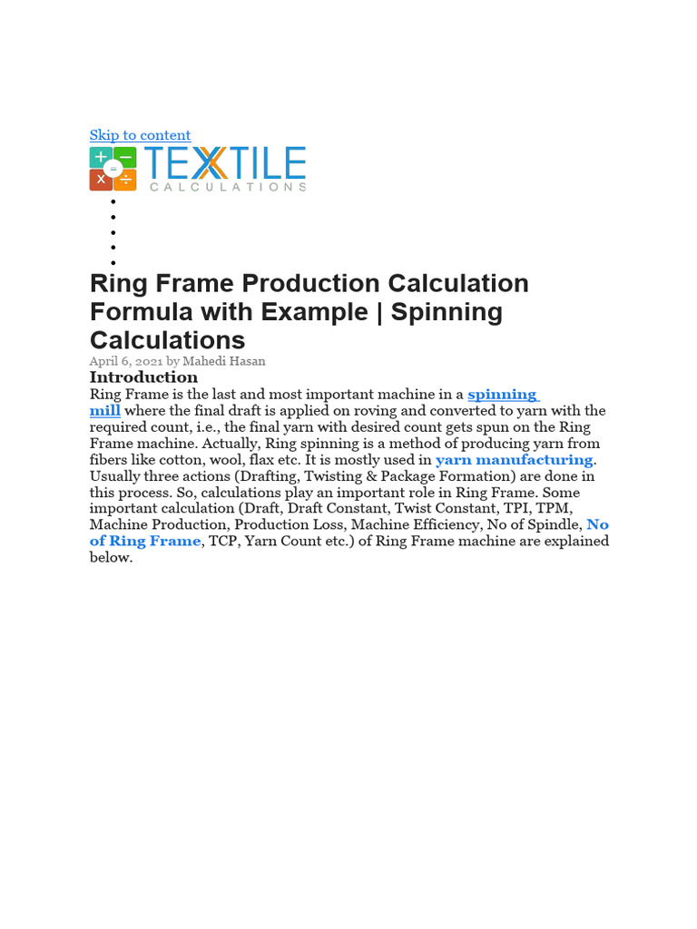 Ring Frame Calculation | PDF | Spinning (Textiles) | Pound (Mass)