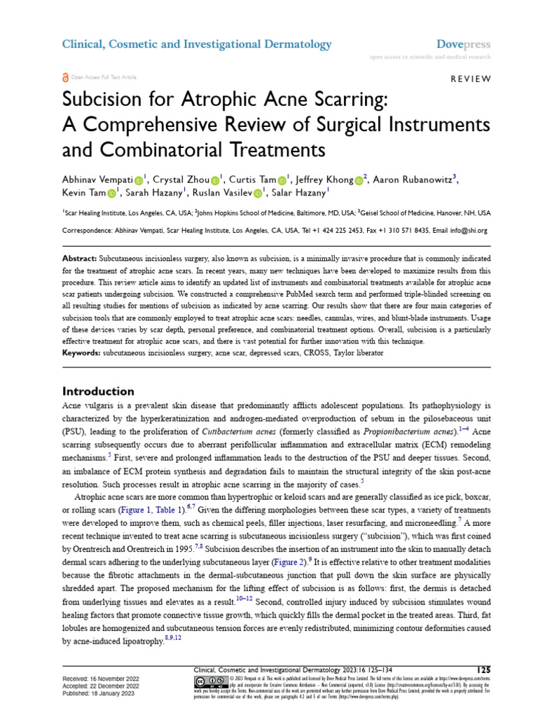 Subcision for Atrophic Acne Scarring- A Comprehensive Review of Surgical Instruments and ...