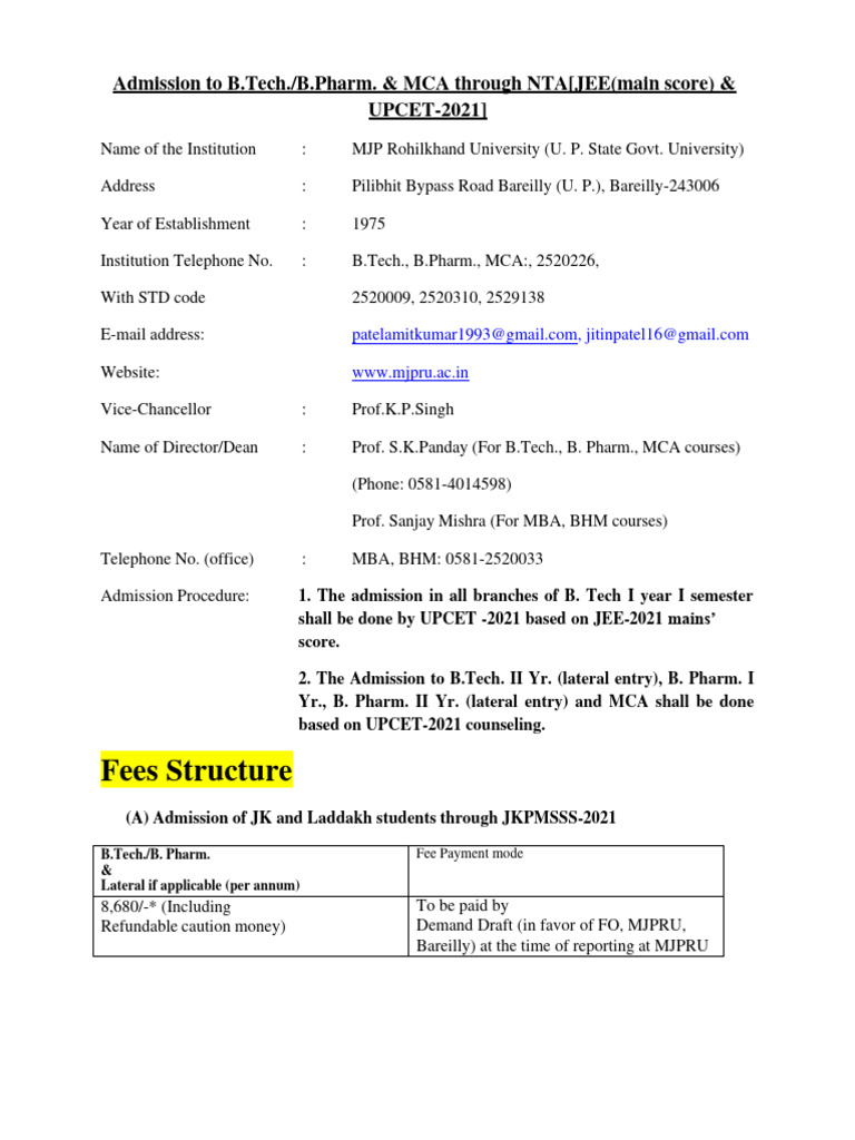 Fees Structure: Admission To B.Tech./B.Pharm. & MCA Through NTA (JEE (Main Score) & UPCET-2021 ...