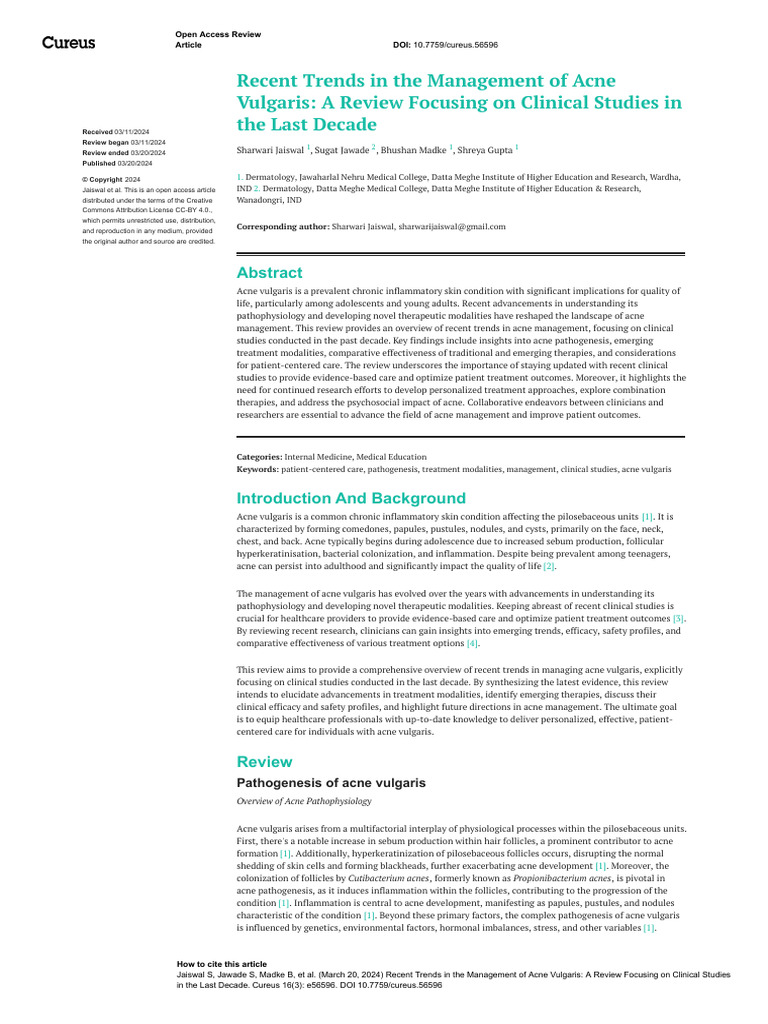 Recent Trends in The Management of Acne Vulgaris - A Review Focusing On ...
