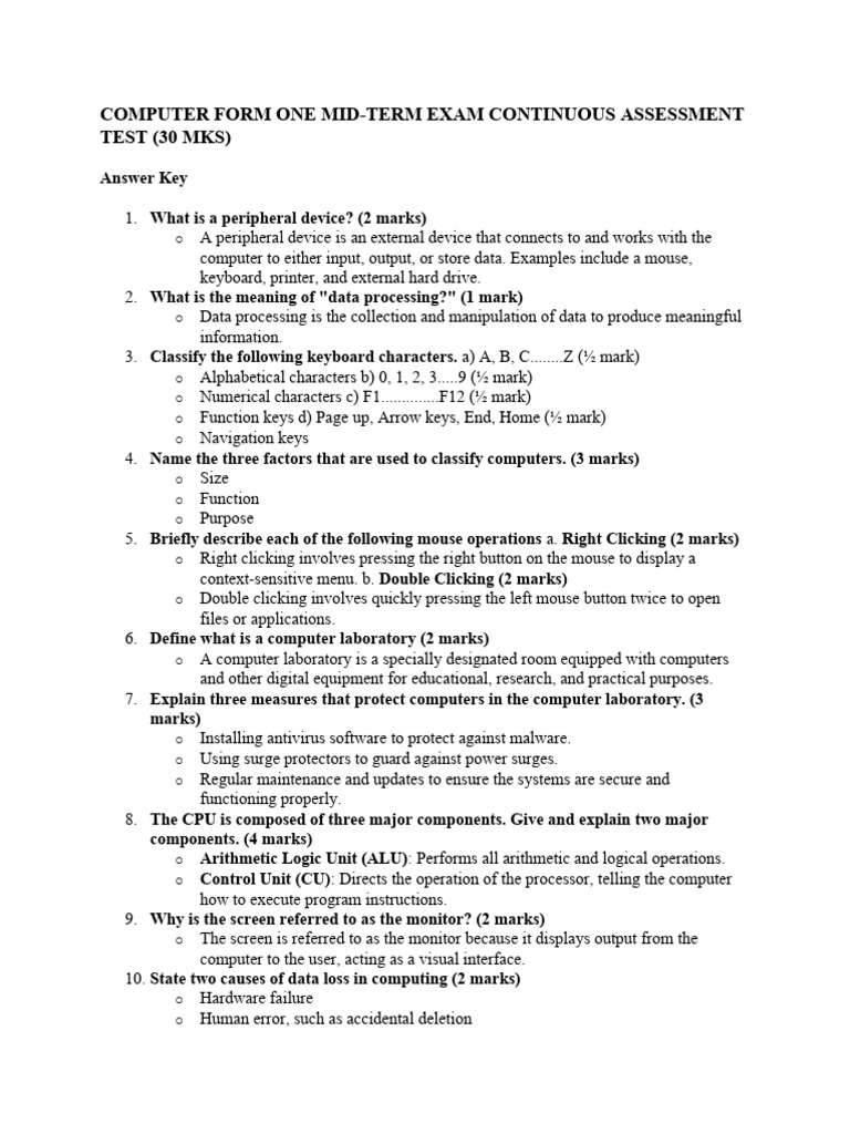 COMPUTER FORM ONE MID M.S | PDF | Computer Keyboard | Input/Output
