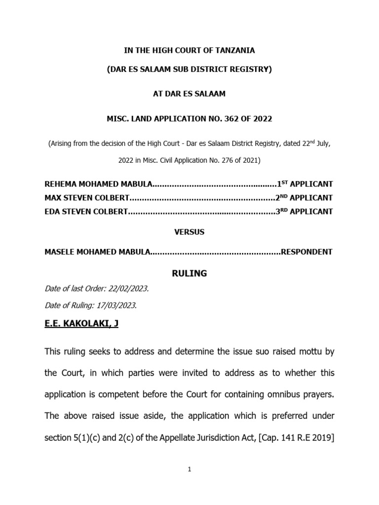 Rehema Mohamed Mabula and Others Vs Masele Mohamed Mabula (Land Application 362 of 2022) 2023 ...