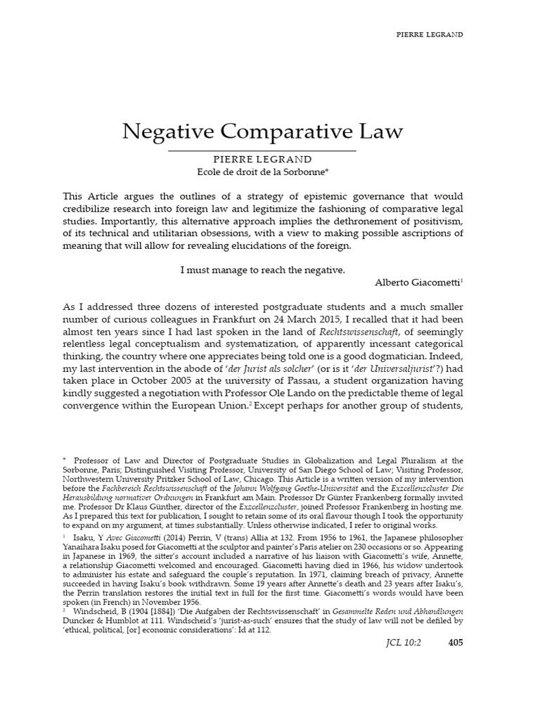 Negative Comparative Law - Legrand | PDF | Mind | Theodor W. Adorno