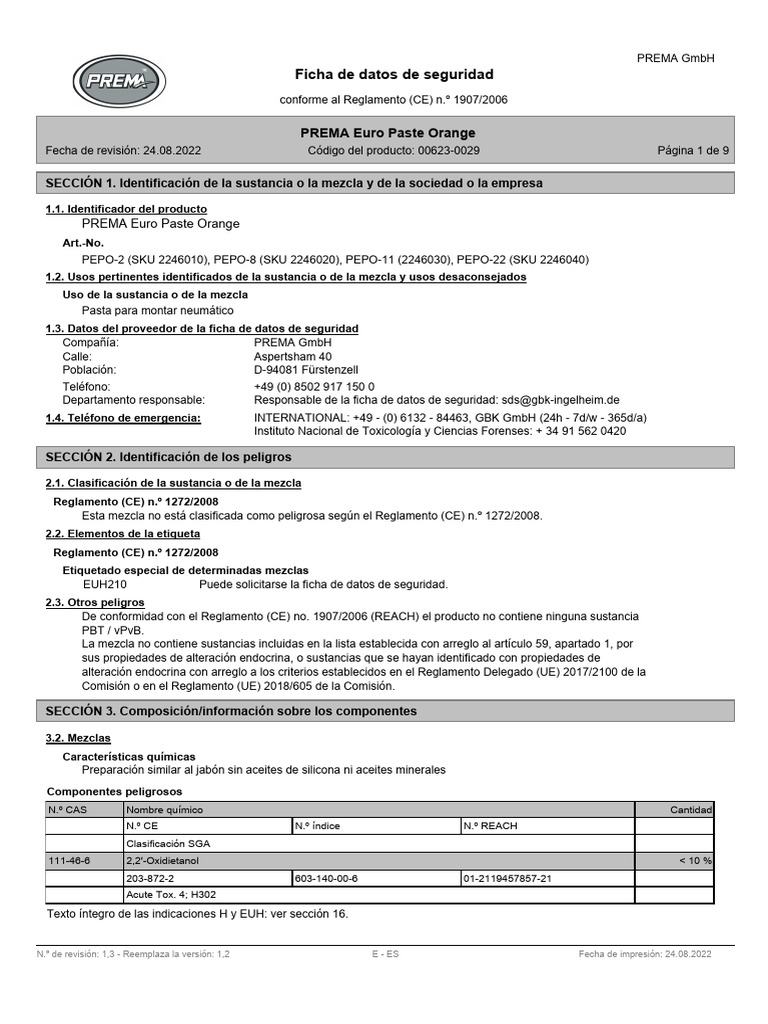 Ficha de Seguridad PREMA Euro Paste Orange | PDF | Agua | Química