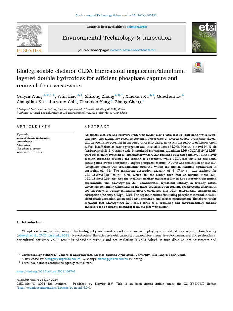GLDA-Enhanced LDHs for Phosphate Removal | PDF | Adsorption | Chemistry