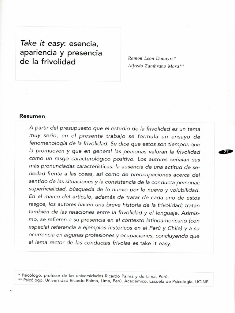 Take It Easy Esencia, Apariencia y Presencia de La Frivolidad | PDF