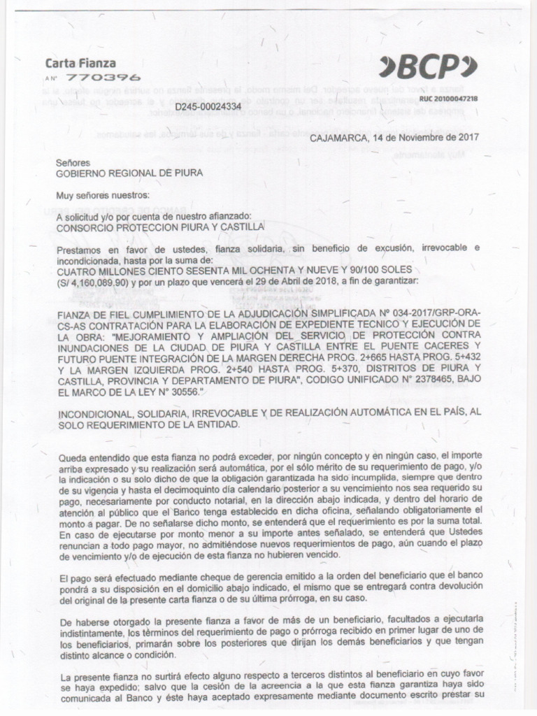 Carta Fianza BCP | PDF