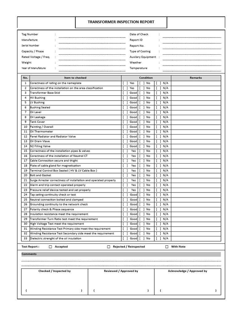 Transformer Inspection Checklist Pdf Transformer Power Engineering