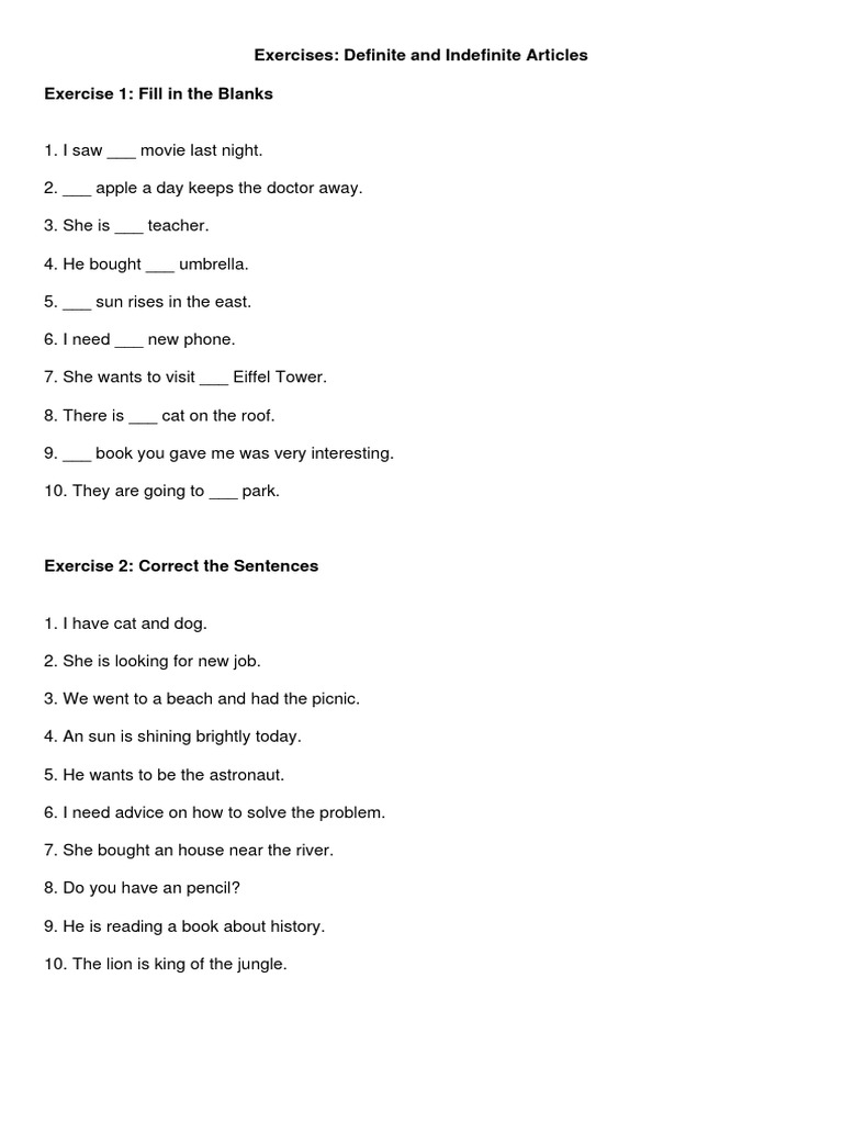 Exercises Definite Indefinite Articles | PDF