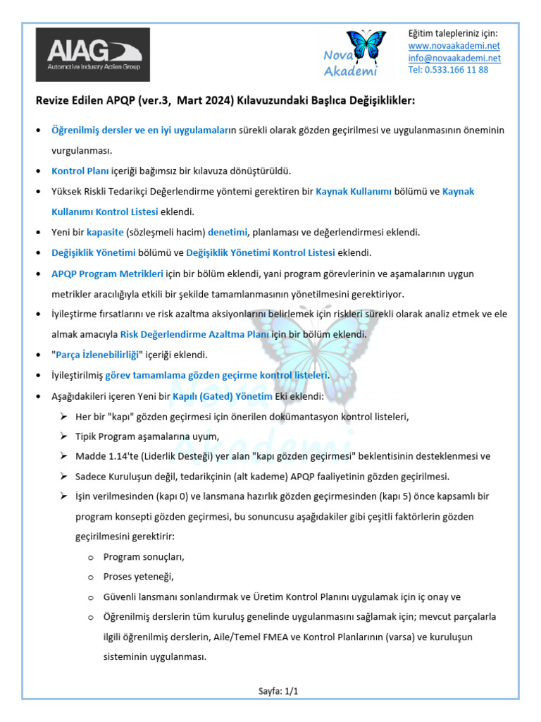 Revize Edilen APQP Kılavuzundaki Başlıca Değişiklikler | PDF