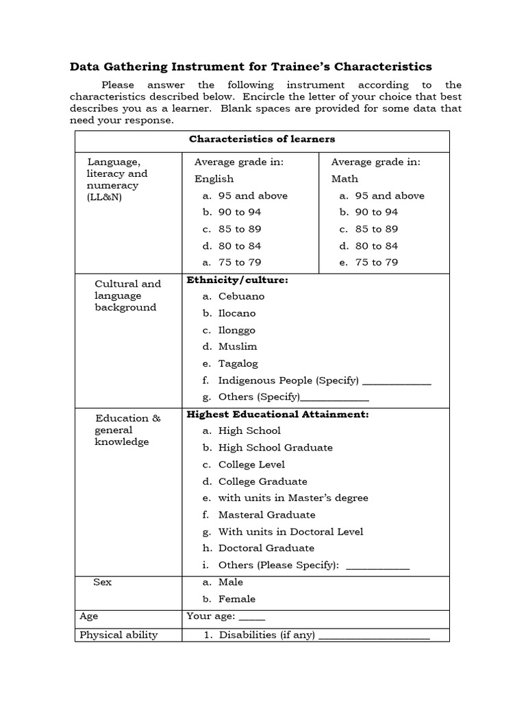 Data Gathering Instrument For Trainee - Self-Assessment | PDF | Plant ...