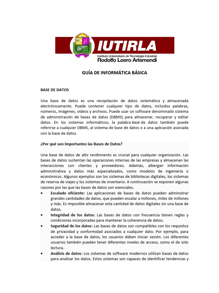 GUÍA DE INFORMÁTICA BÁSICA Base de Datos | PDF | Bases de datos | No Sql