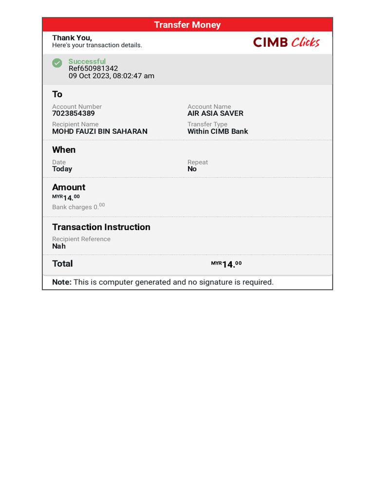 CIMB Bank Money Transfer Receipt | PDF | Business