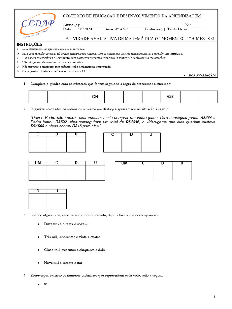 PROVA 4º ANO - 1BIM | PDF