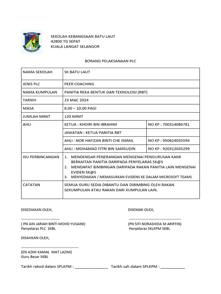 Borang Pelaksanaan PLC 1 2024 | PDF