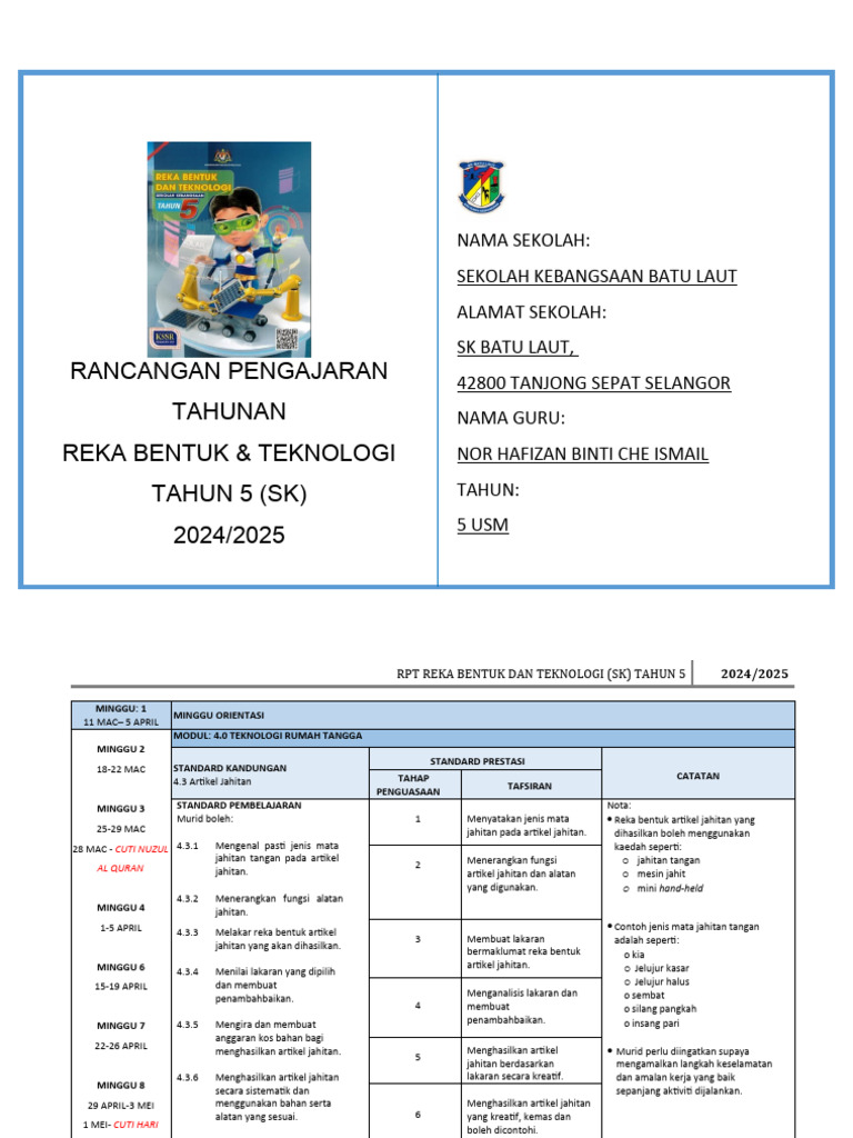 RPT RBT TAHUN 5 2024-2025 | PDF