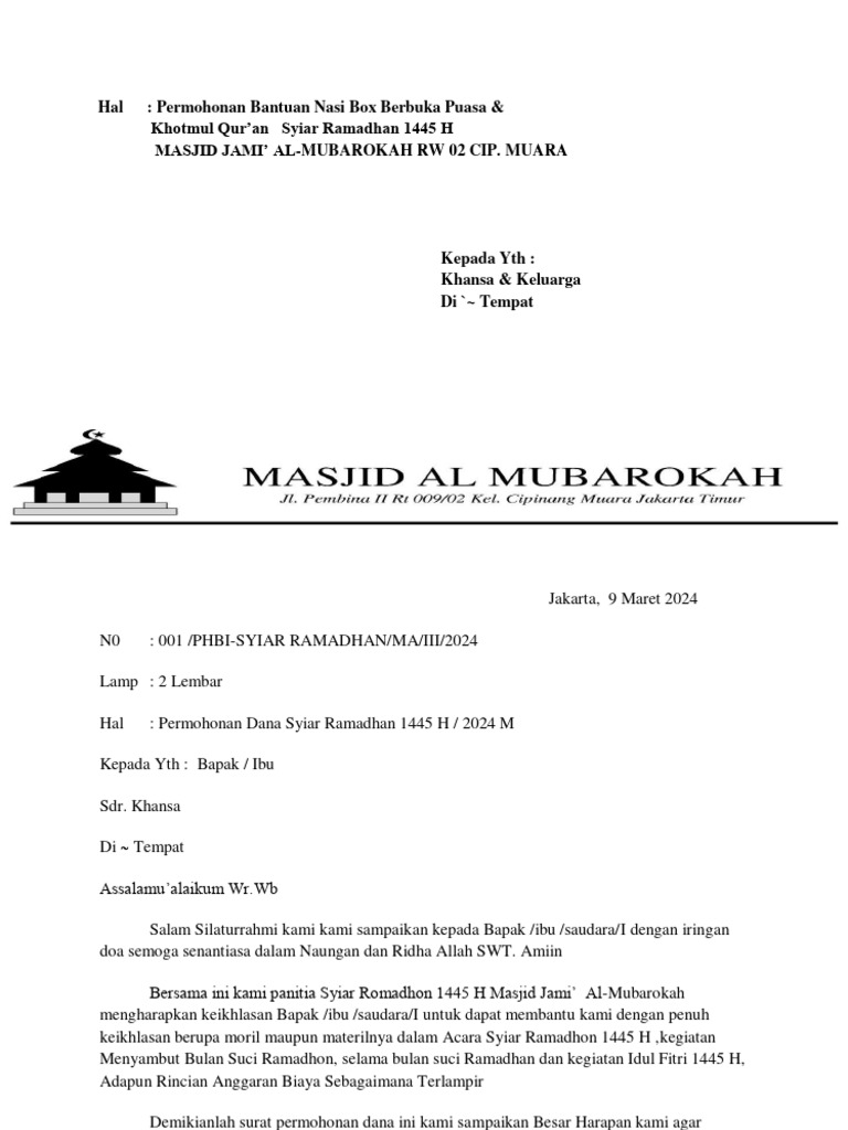 Proposal Permohonan Nasi Box Untuk Malam 18 Ramadhan Khotmul Qur An 1445 Masjid Jami Al ...