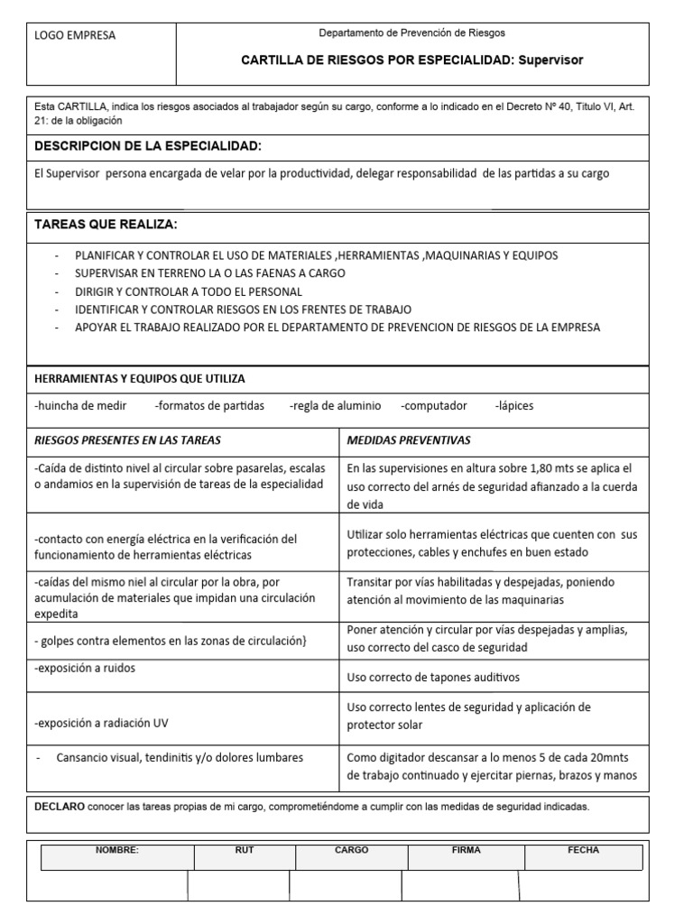 Cartilla de Seguridad Supervisor | PDF