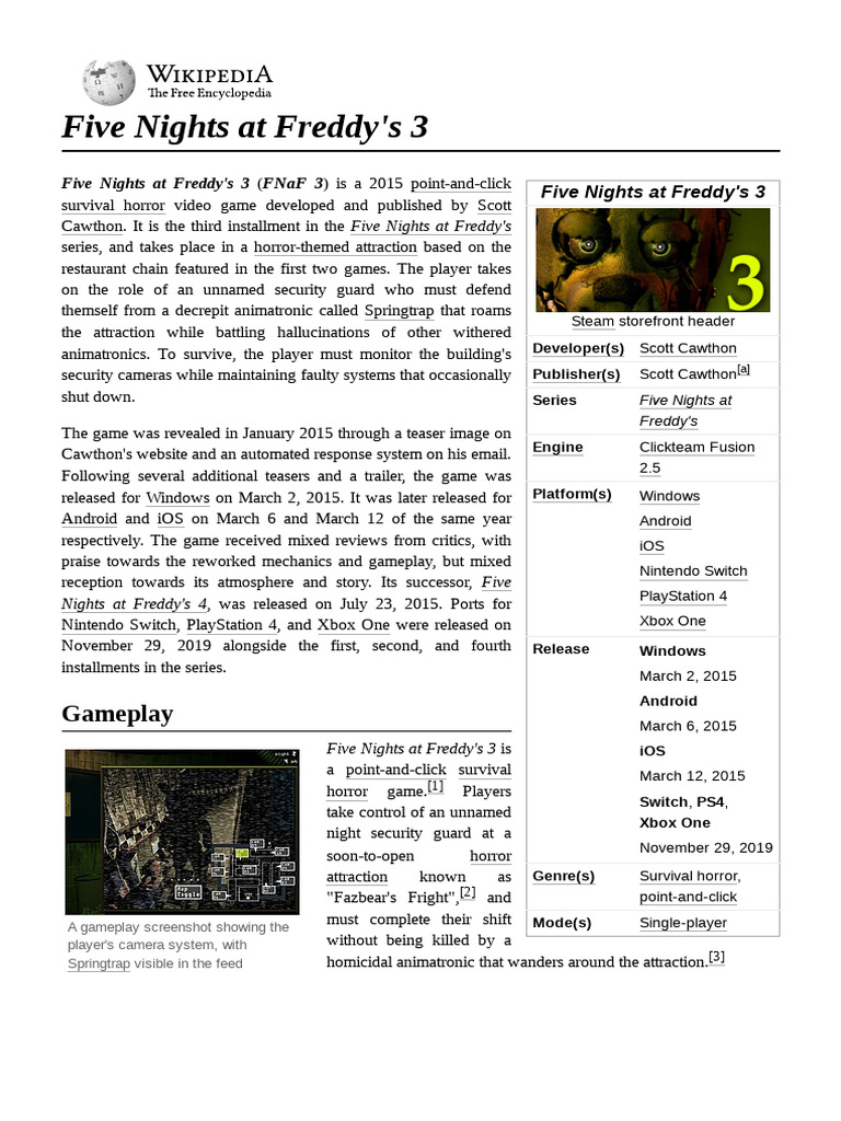 Five Nights at Freddy's 3 Release Info | PDF