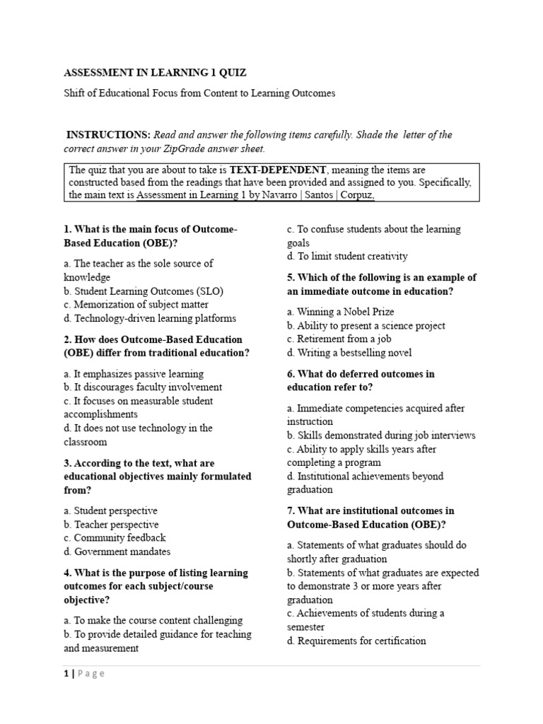ASSESSMENT1 - Quiz - Shift of Educational Focus From Content To Learning Outcomes | PDF ...