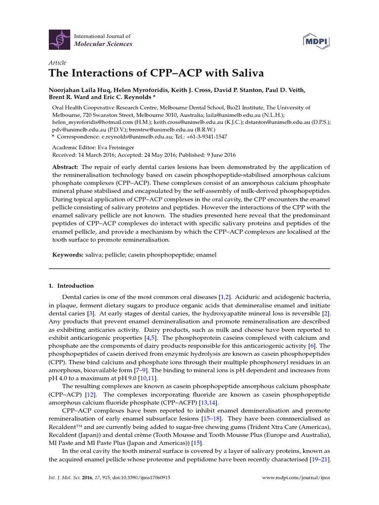 CPP–ACP Interactions with Saliva | PDF | Biochemistry | Chemistry