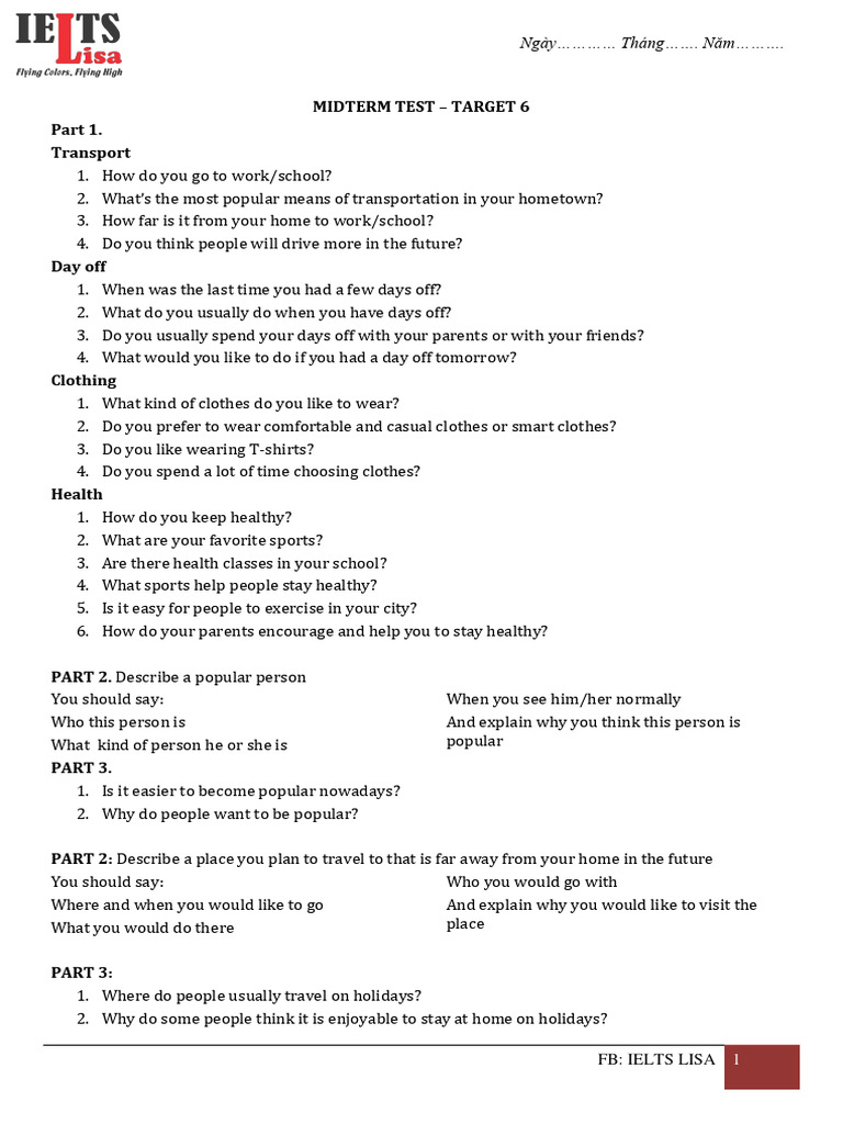 NEW ĐỀ CƯƠNG KỸ NĂNG NÓI Midterm Test TARGET 6 1 | PDF