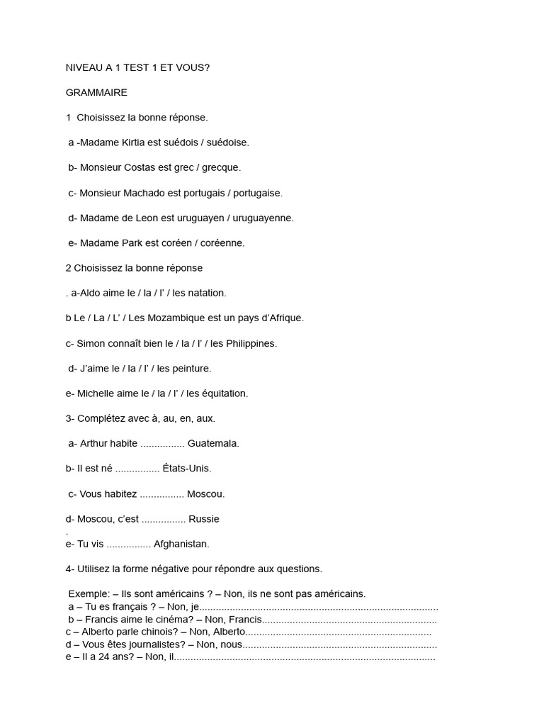 Test de Grammaire et Vocabulaire A1 | PDF | Légumes