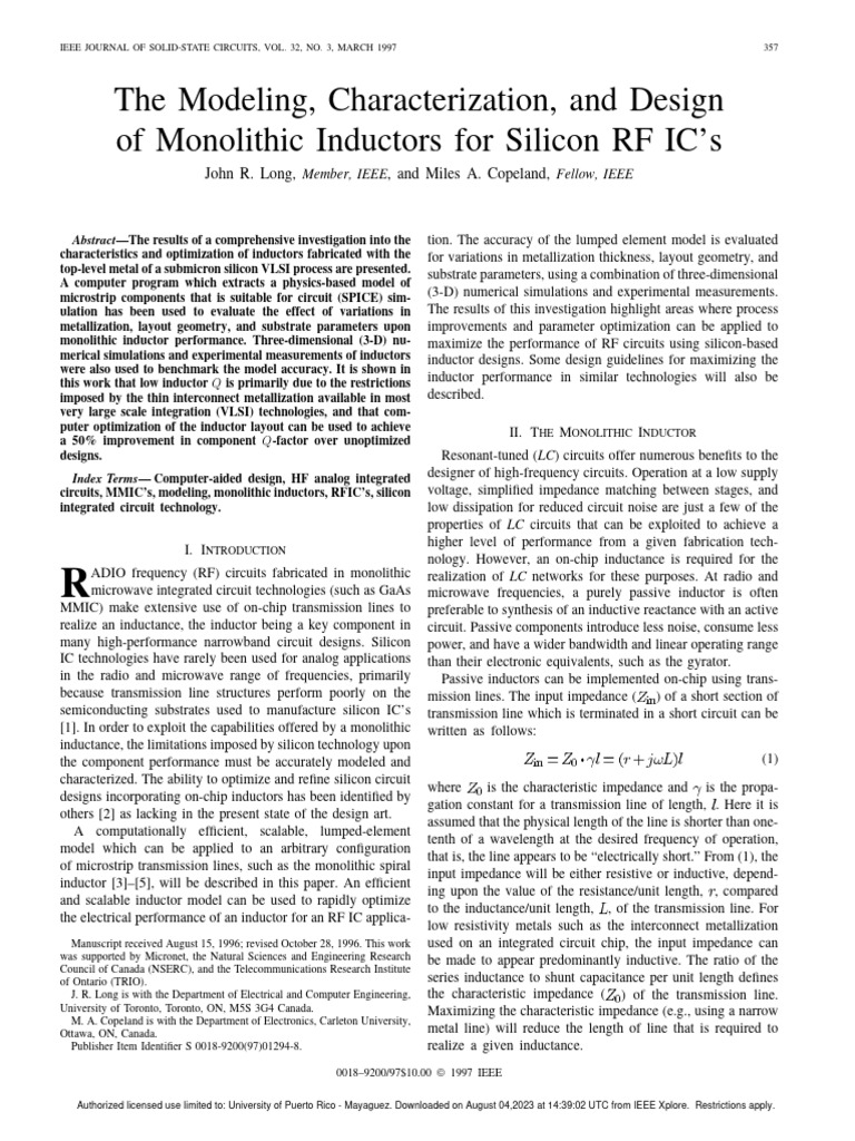 The Modeling Characterization And Design Of Monolithic Inductors For Silicon Rf Ics Pdf