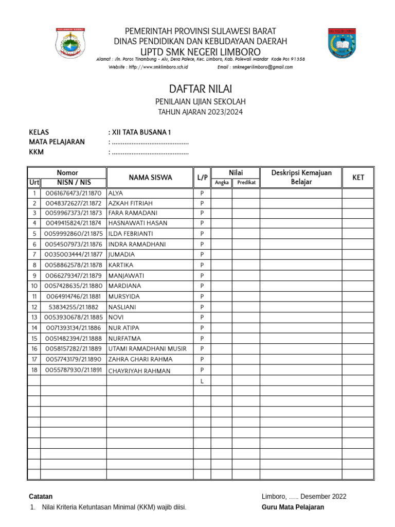 BLANKO DAFTAR NILAI US - Google Sheets | PDF