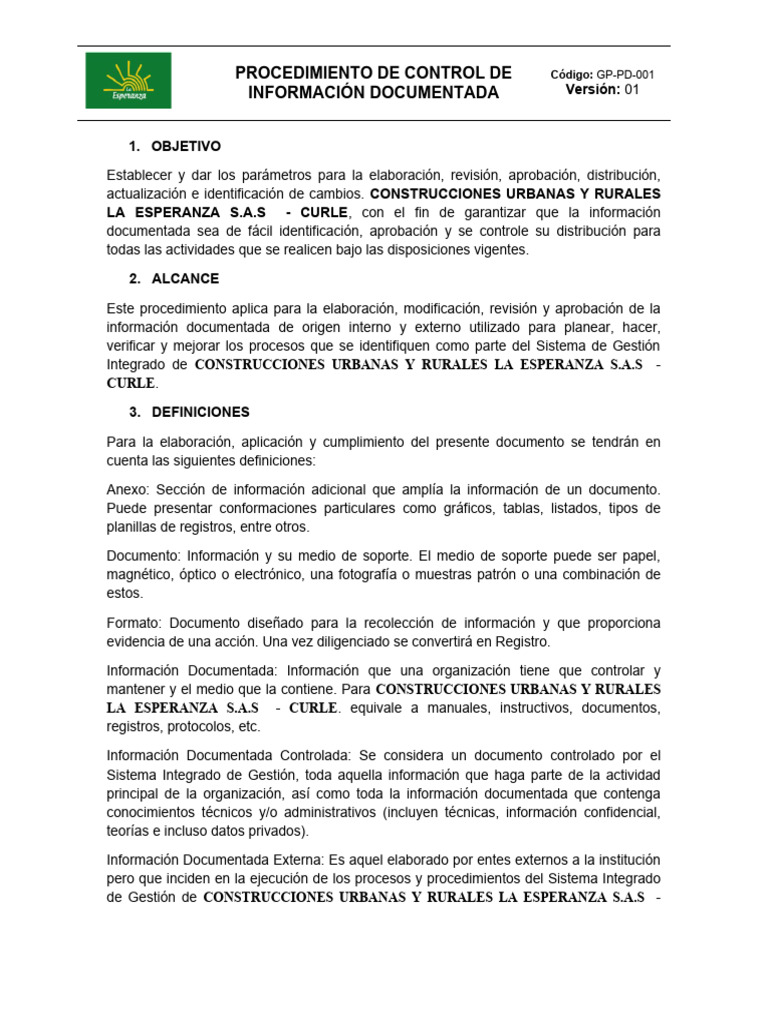 GP-PD-001 PROCEDIMIENTO DE CONTROL DE INFORMACION DOCUMENTADA ...