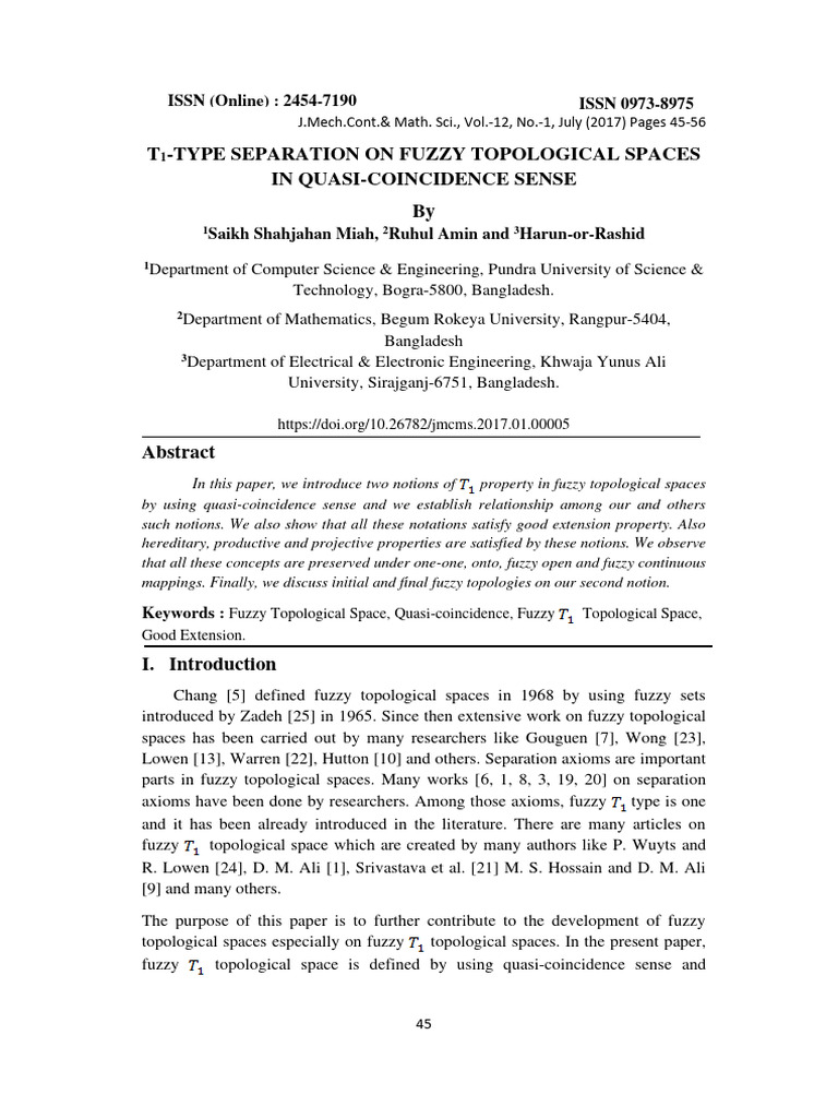 T1 Type Separation On Fuzzy Topological | PDF | Function (Mathematics) | Continuous Function