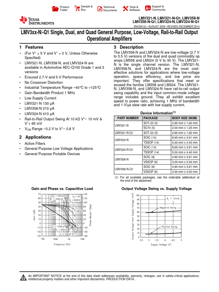 LMV3xx-N/-Q1 Single, Dual, and Quad General Purpose, Low-Voltage, Rail-to-Rail Output ...
