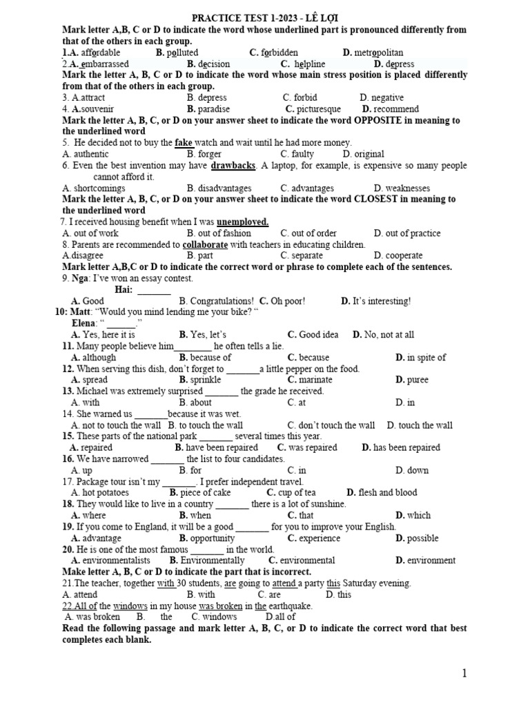 Practice Test 1-2023: Lê Lợi | PDF | Car | Hybrid Vehicle