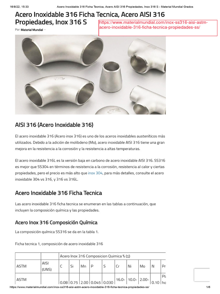 A316 AISI.-acero Inoxidable 316 Ficha Tecnica, Acero AISI 316 Prop.inox 316 S - Material Mundial ...