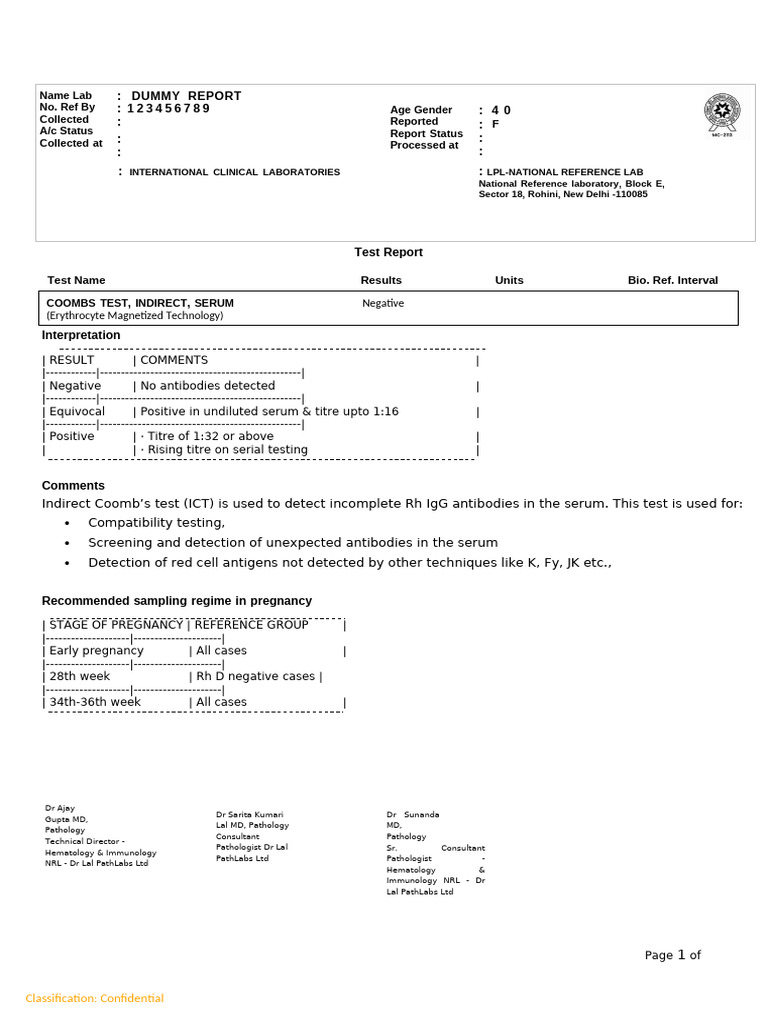 Dummy Report: 1 2 3 4 5 6 7 8 9::::: 4 0 | PDF | Serology | Medical ...
