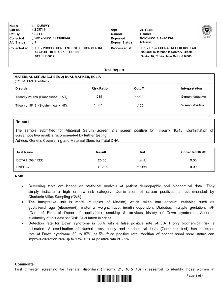 Remark: (ECLIA, FMF Certified) | PDF | Down Syndrome | Medical Specialties