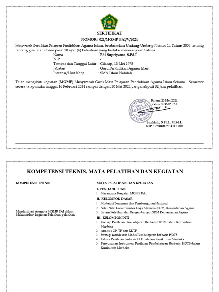Sertifikat Pak Edi | PDF