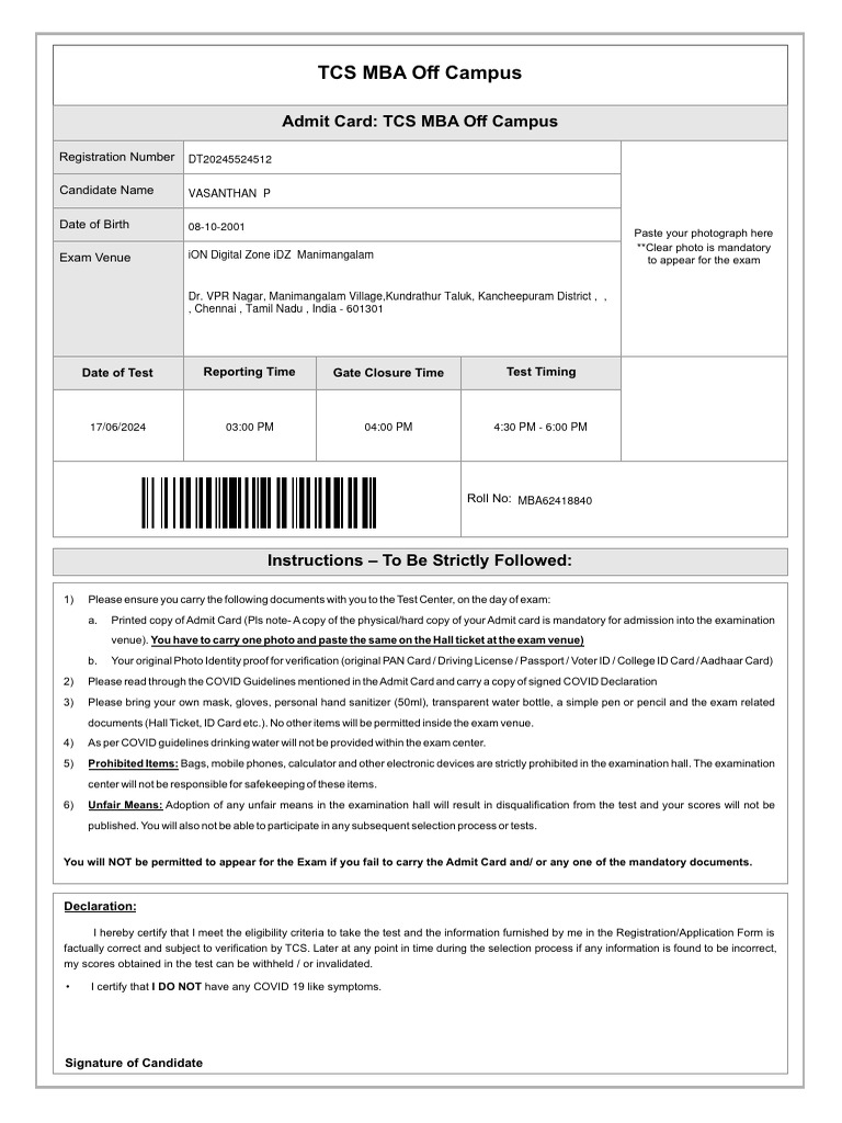Tcs Admit Card | PDF | Identity Document | Common Cold