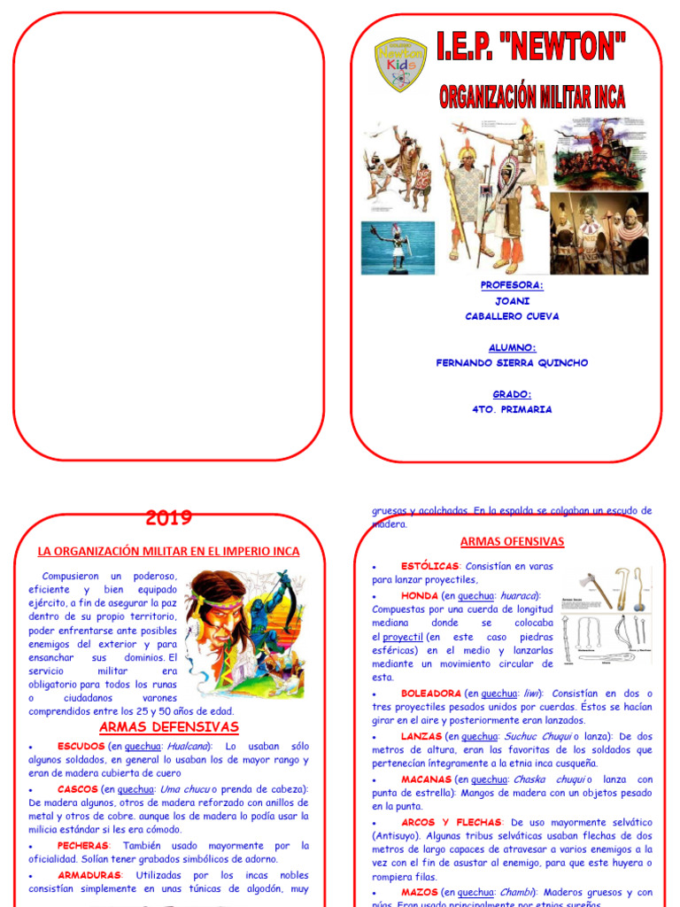 ARMAS DEFENSIVAS Y OFENSIVAS INCAS BIPTICO | PDF | Imperio Inca | Proteger